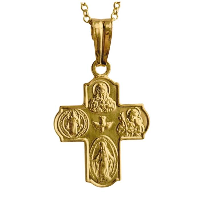 Italian Four Way Cross Necklace Gold Over Silver Scapular Medal